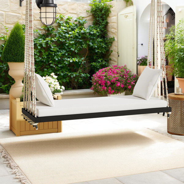 Ebern Designs Patio Wooden Swing Chair, Hanging Porch Swing Bench with Cushion&Pillows | Wayfair